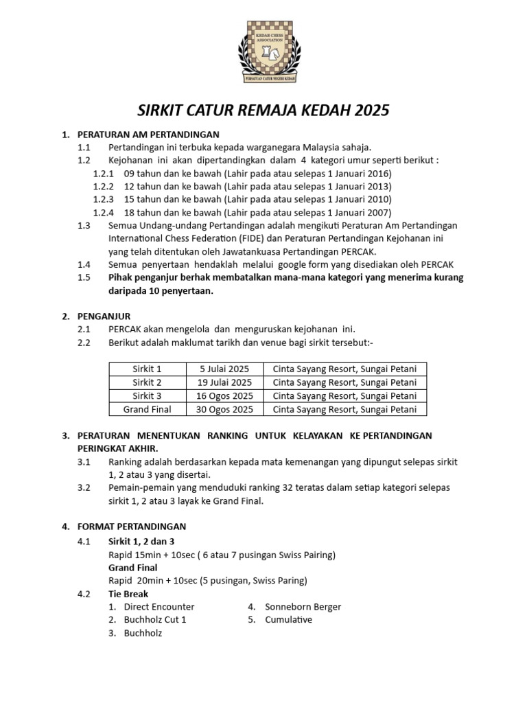Peraturan Sirkit Catur Remaja Kedah 2025 | PDF