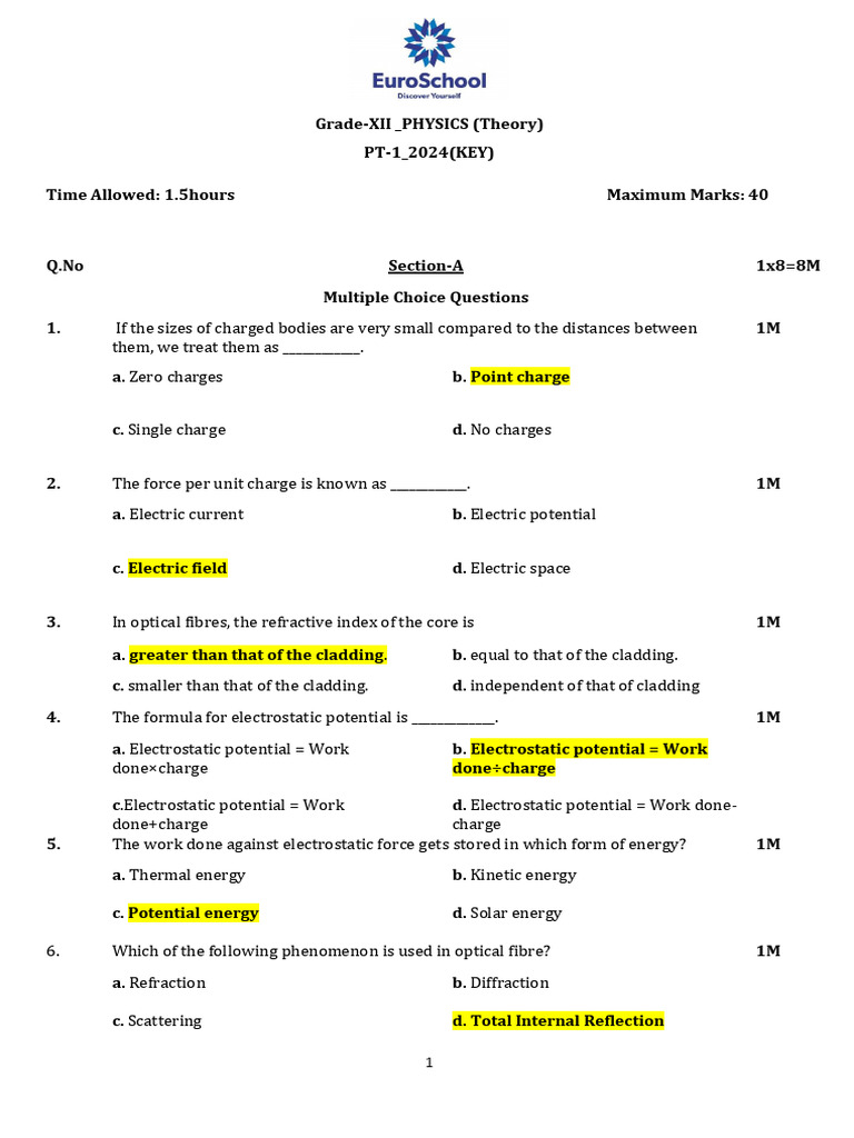 Grade 12 Physics PT-1 Exam Key 2024 | PDF | Optics | Optical Fiber