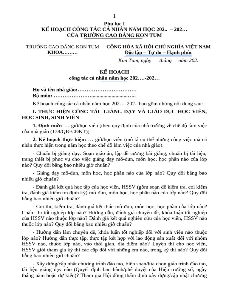 10.Phụ Luc X. Bieu Mau Ke Hoach Cong Tac CA Nhan Nam Hoc 202...-202... | PDF