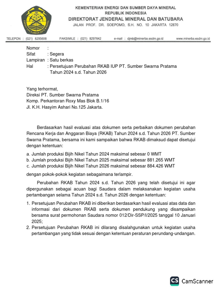 Persetujuan RKAB Nikel 2025 SSP | PDF