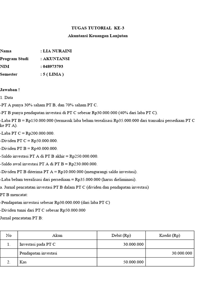 Tugas 3 Akuntansi Keuangan Lanjutan Oleh LIA NURAINI NIM 048973793 | PDF