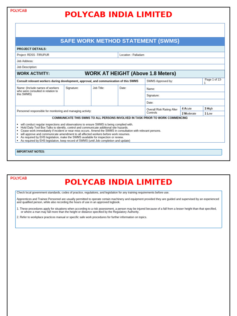 Safe Work Methode Statement - Work at Height | PDF | Personal ...
