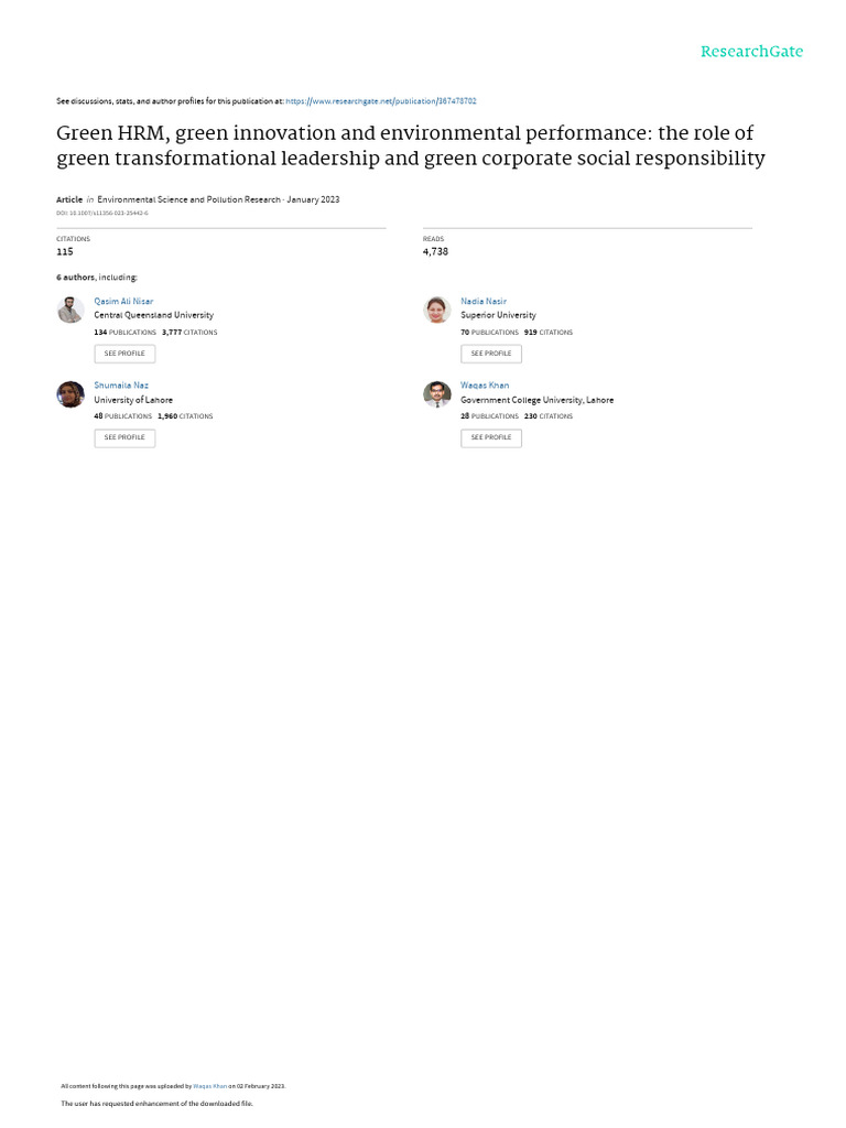 Green HRM Green Innovation and Environmental Perfo | PDF | Corporate Social Responsibility