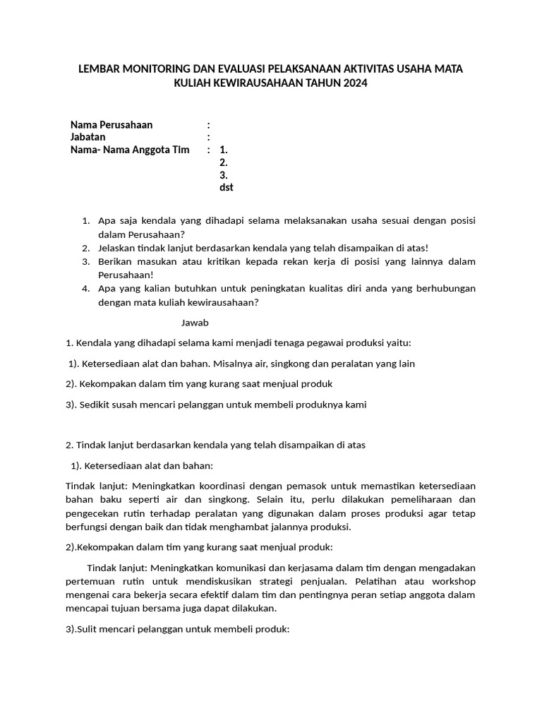 Lembar Monitoring Dan Evaluasi Pelaksanaan Aktivitas Usaha Mata Kuliah Kewirausa | PDF