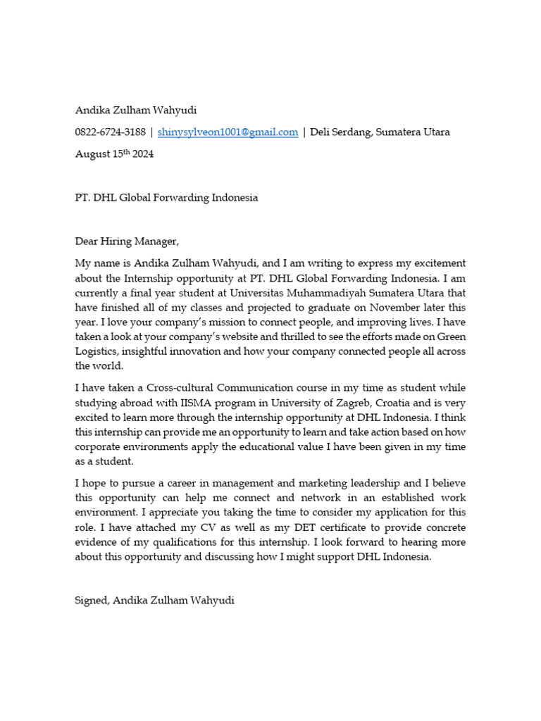 Cover Letter Andika Zulham Wahyudi | PDF