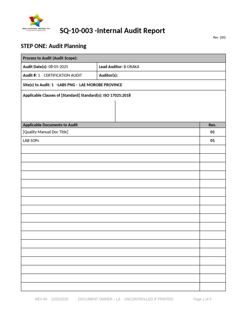 Sq-10-003 - Form - Internal Audit Report-Labs PNG - Cert Audit 2025 | PDF | Audit | Auditor's Report