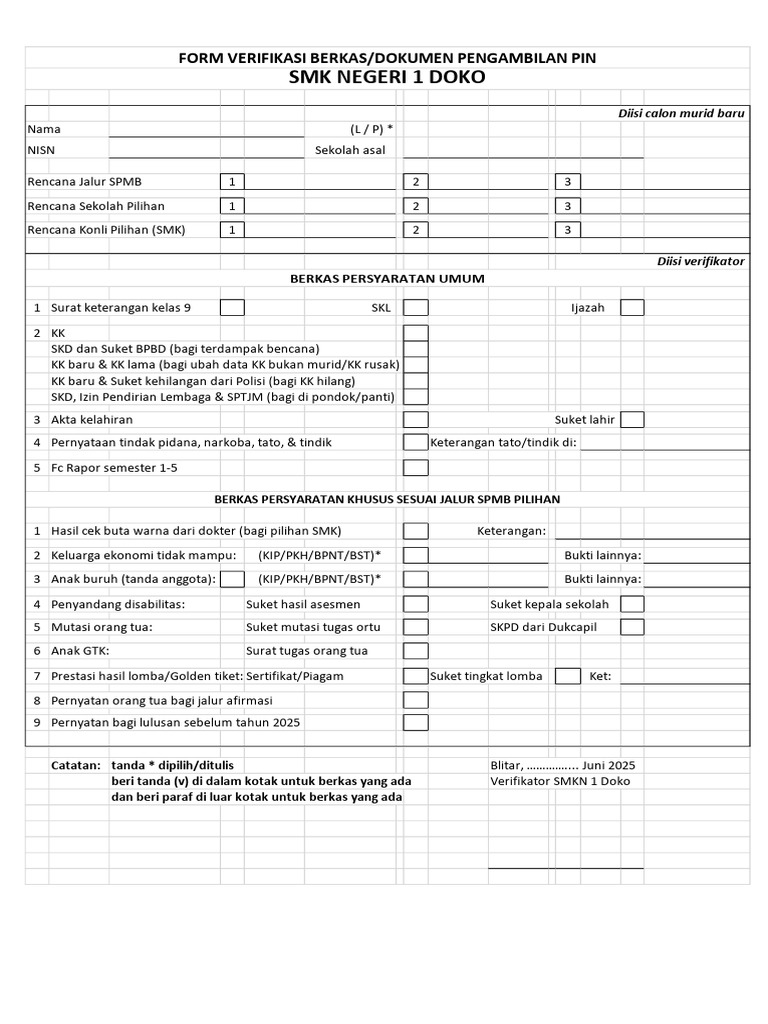 Form Cek Berkas 2025 | PDF