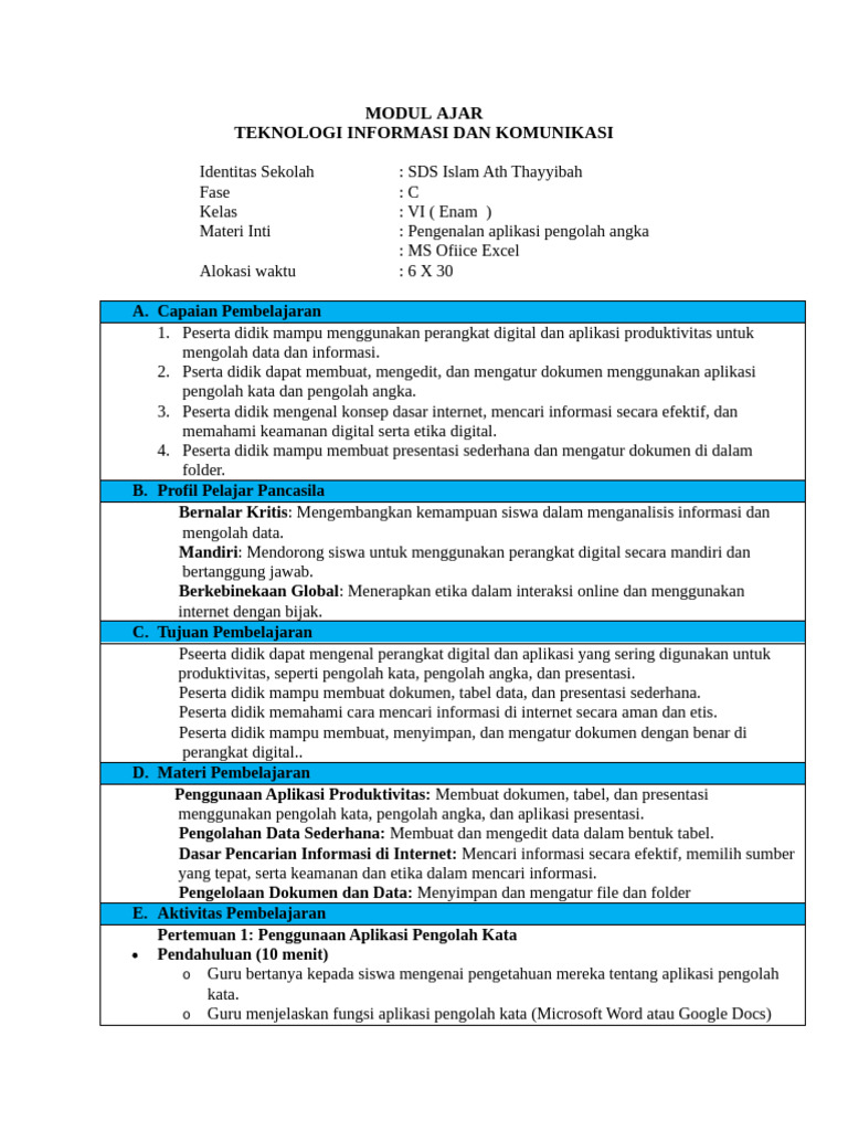 Modul Ajar Tik Kelas 6 | PDF