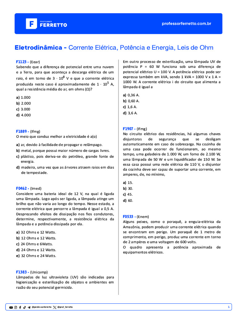 Física Eletrodinâmica | PDF | Resistência elétrica e condutividade | Eletricidade