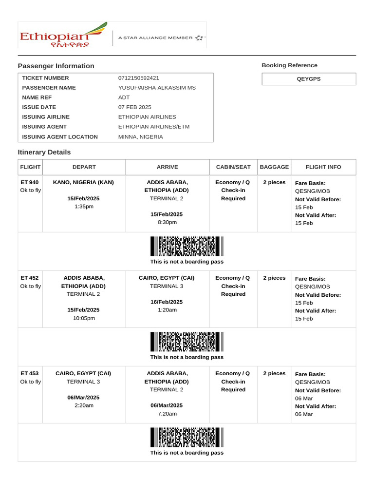 Electronic Ticket Receipt, February 15 For MS AISHA ALKASSIM YUSUF | PDF | Fee | Aviation