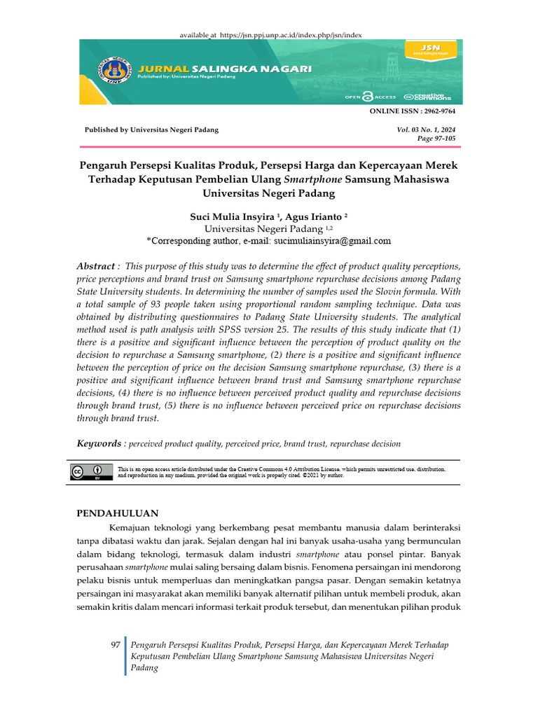 Pengaruh Persepsi Kualitas Produk, Persepsi Harga Dan Kepercayaan Merek Terhadap Keputusan ...