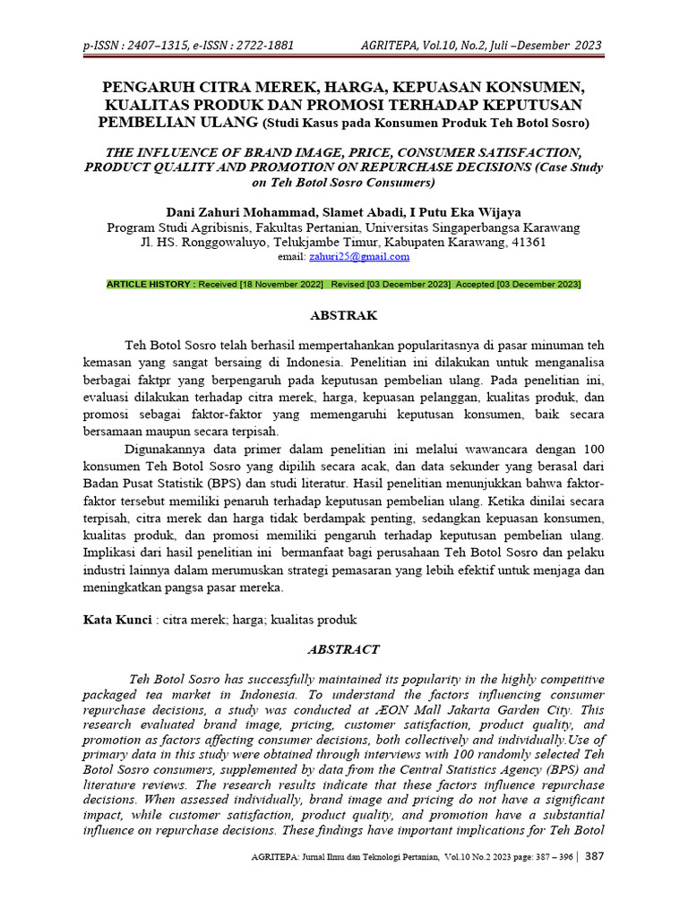 Pengaruh Citra Merek, Harga, Kepuasan Konsumen, Kualitas Produk Dan Promosi Terhadap Keputusan ...