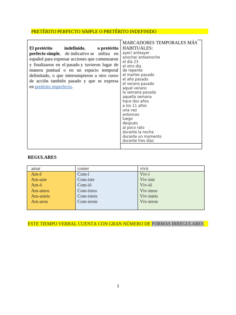 Pretérito Perfecto Simple o Pretérito Indefinido, Explicación Del Verbo ...