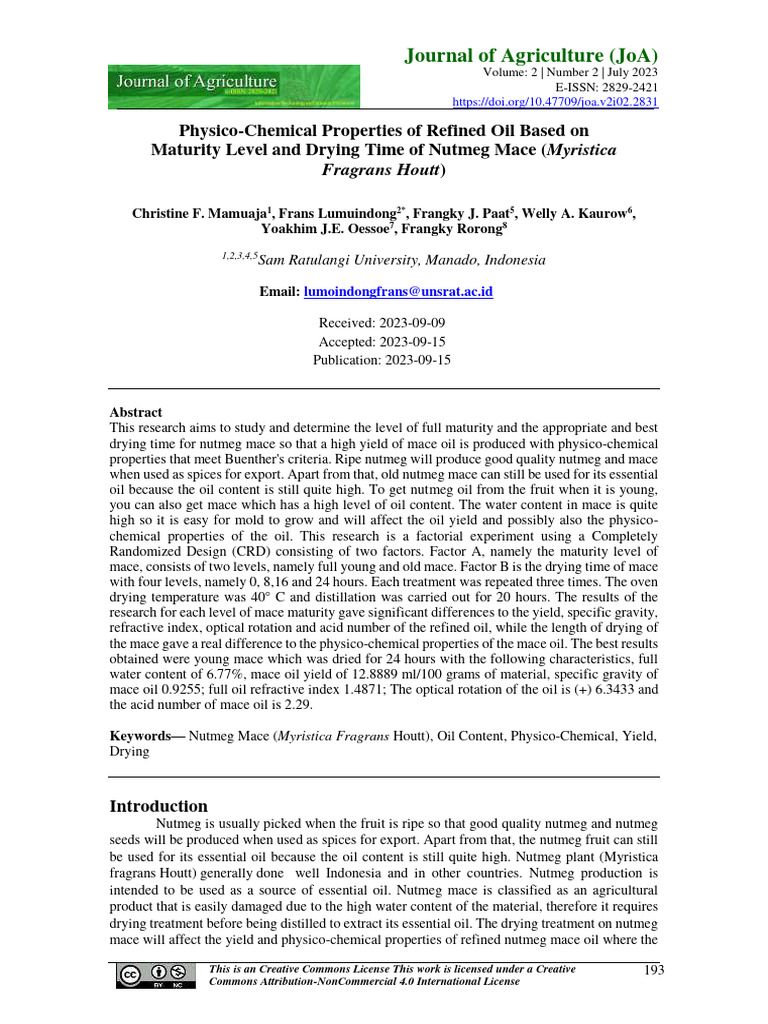Physico-Chemical Properties of Refined Oil Based on Maturity Level and ...