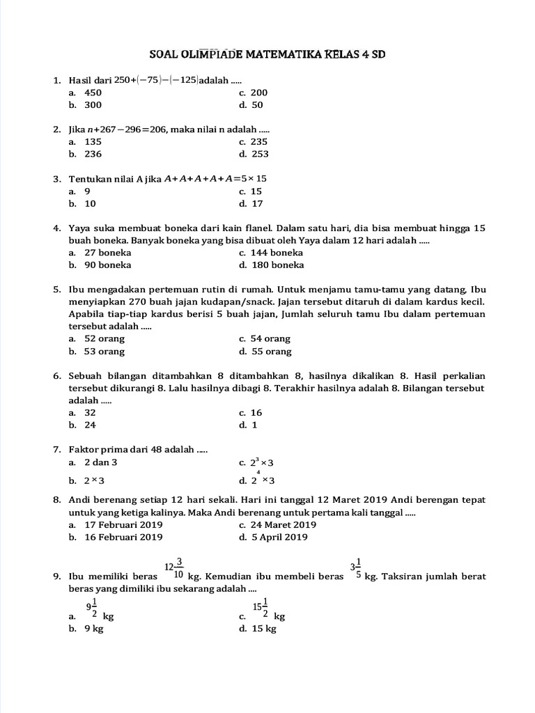 Latihan Olimpiade Matematika Kelas 4 SD | PDF