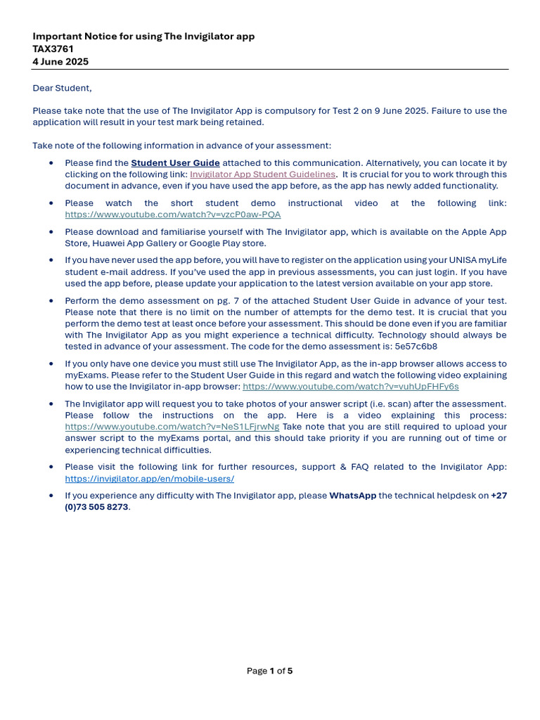TAX3761 Test 2 Instruction Letter | PDF | Mobile App | Qr Code