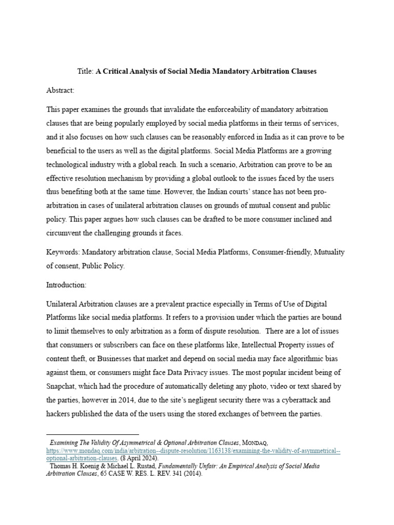 A Critical Analysis of Social Media Mandatory Arbitration Clauses | PDF | Arbitration ...