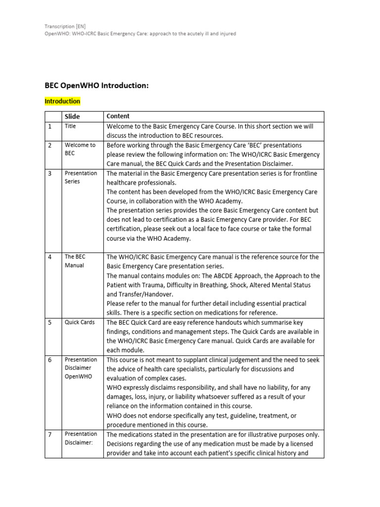 Transcription BEC Introduction en | PDF | Emergency Department | Public ...
