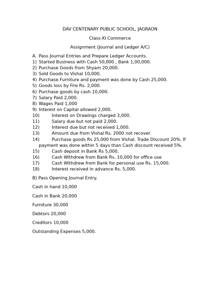 Ledger Assignment for Class XI Commerce | PDF