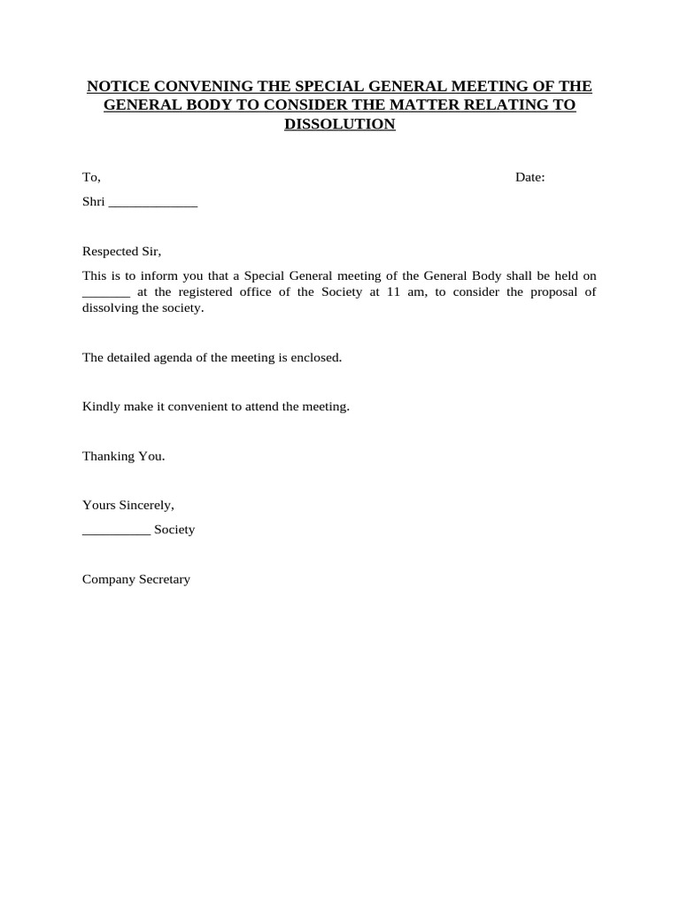 Special General Meeting Notice for Dissolution | PDF