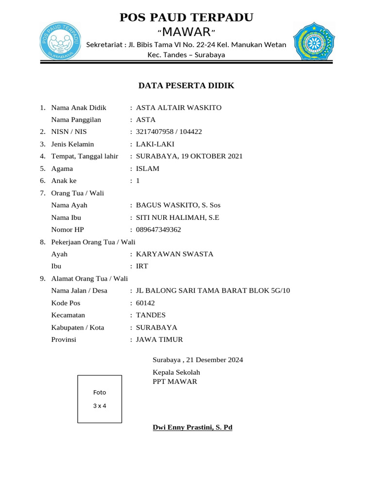 Identitas Siswa A Asta Altair Waskito | PDF