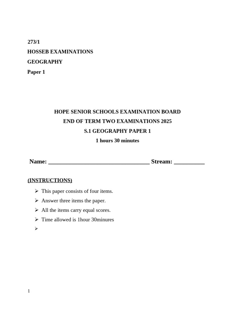 s.1 Geog End of Term 2 Examination | PDF | Geography | Weather
