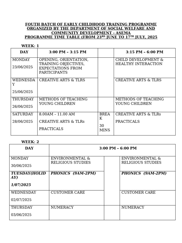 Programme Time Table For The 4th Batch-1 | PDF | Phonics | Literacy