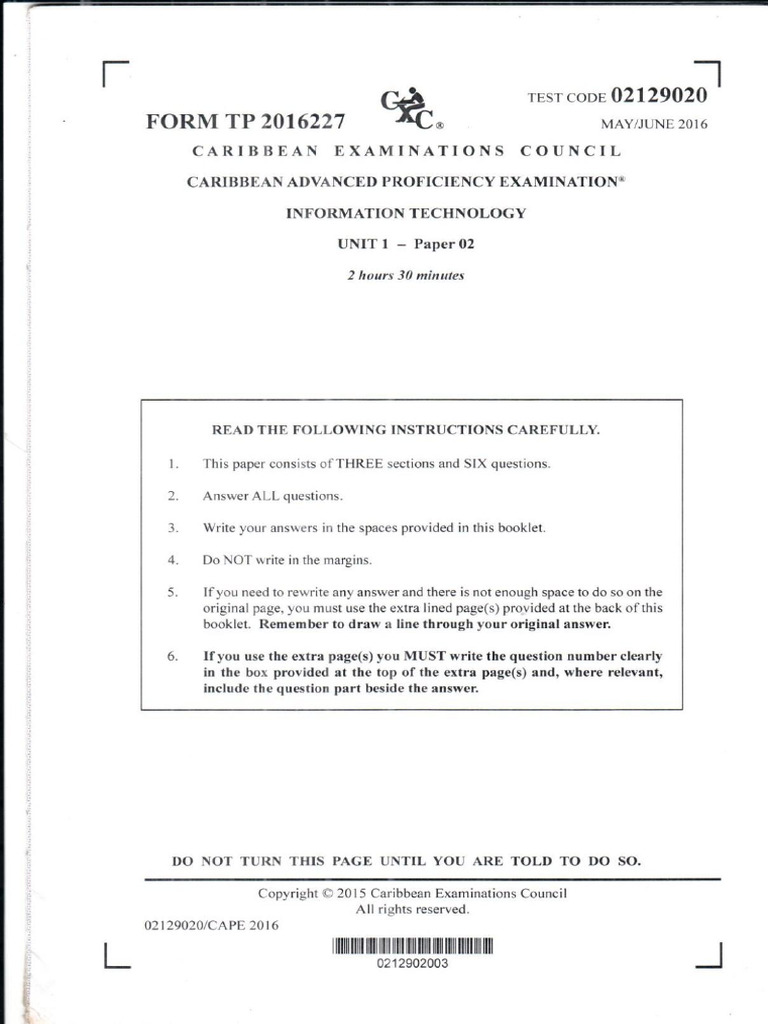CAPE IT Unit 1 Examinination Paper 2 2016 | PDF