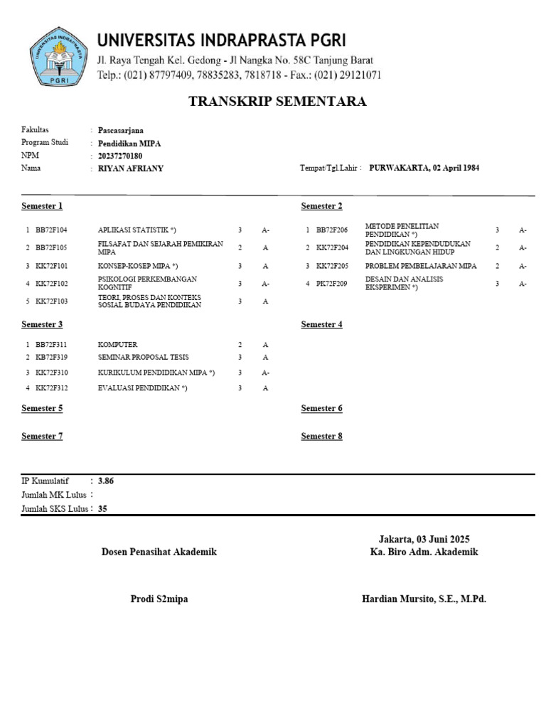 Cetak Transkrip 20237270180 | PDF