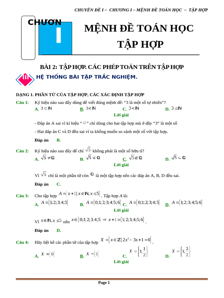001.02.2 - Toan 10 - B2 - C1 - Tap Hop Cac Phep Toan Tren Tap Hop - Trac Nghiem - HDG | PDF
