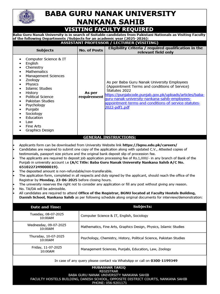 BGNU Visiting Faculty Positions 2025 | PDF