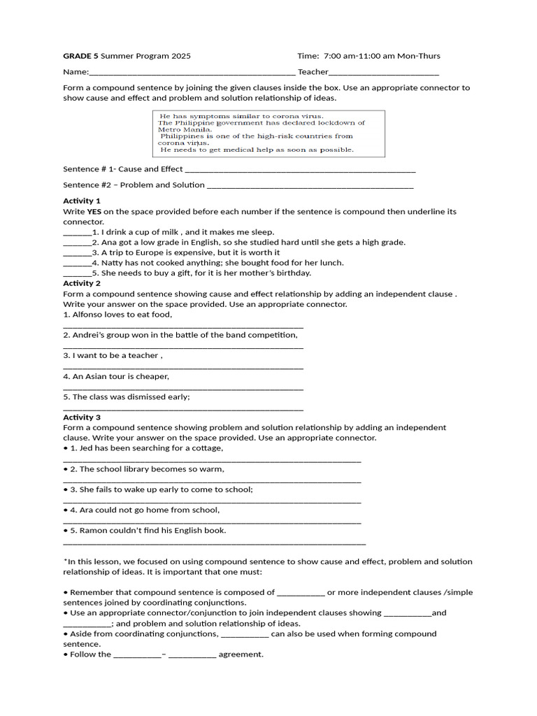 Grade 5 Summer Program: Compound Sentences | PDF | Syntax