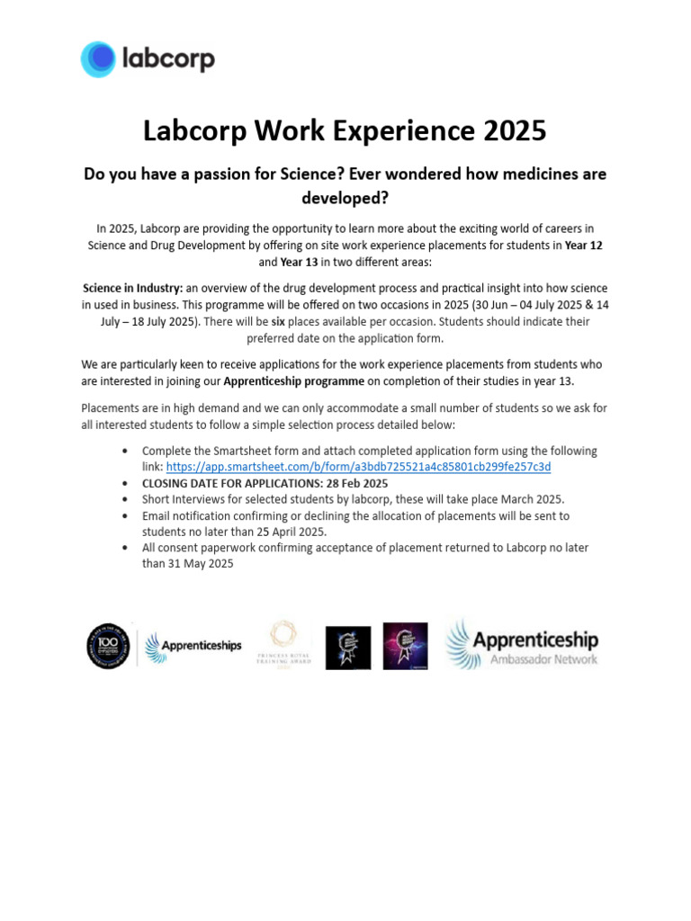 Labcorp Work Experience Flyer (Huntingdon) | PDF