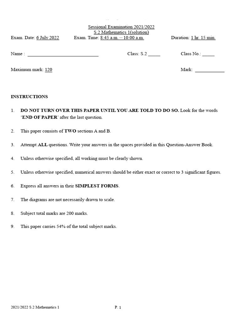 Math Ans 2122 S2 Sess Exam P1 MS | PDF | Area | Geometry