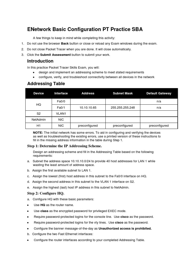 ENetwork Basic Configuration PT Practice SBA | PDF | Computer Network | Router (Computing)