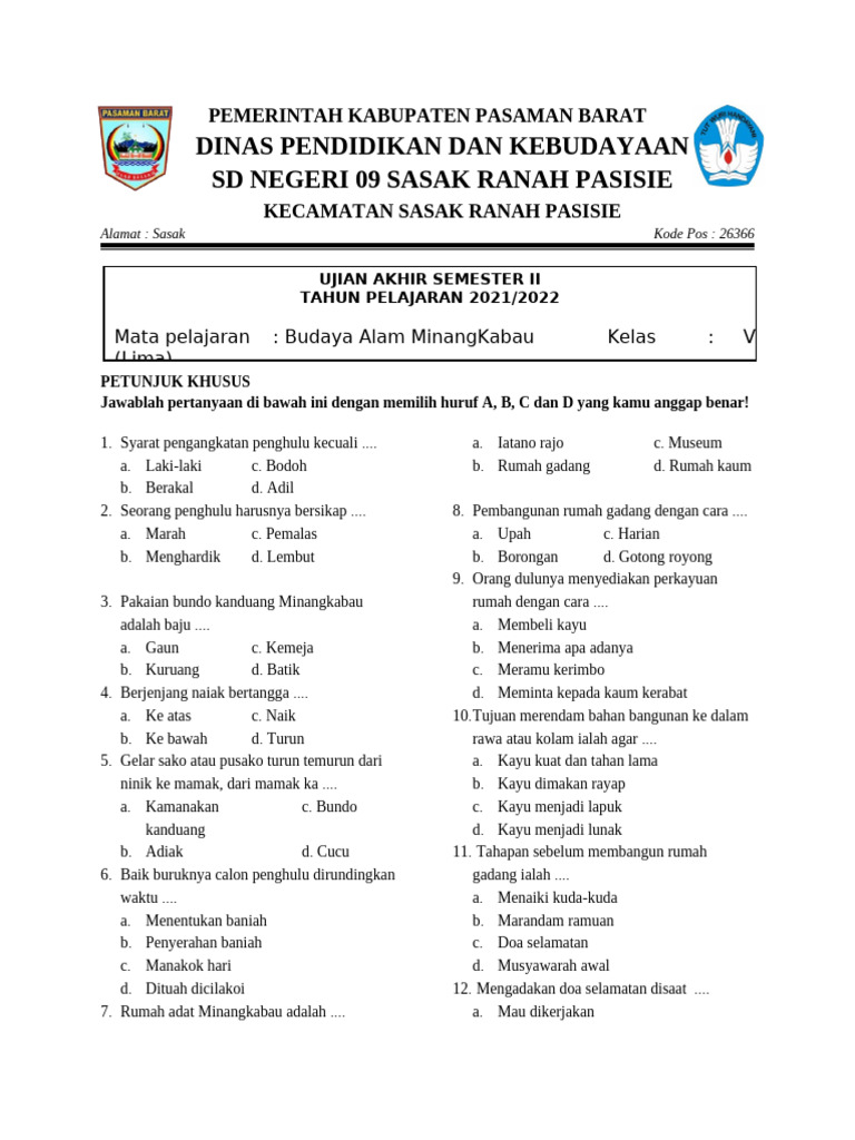 Soal Bam KELAS 52 SD 09 | PDF