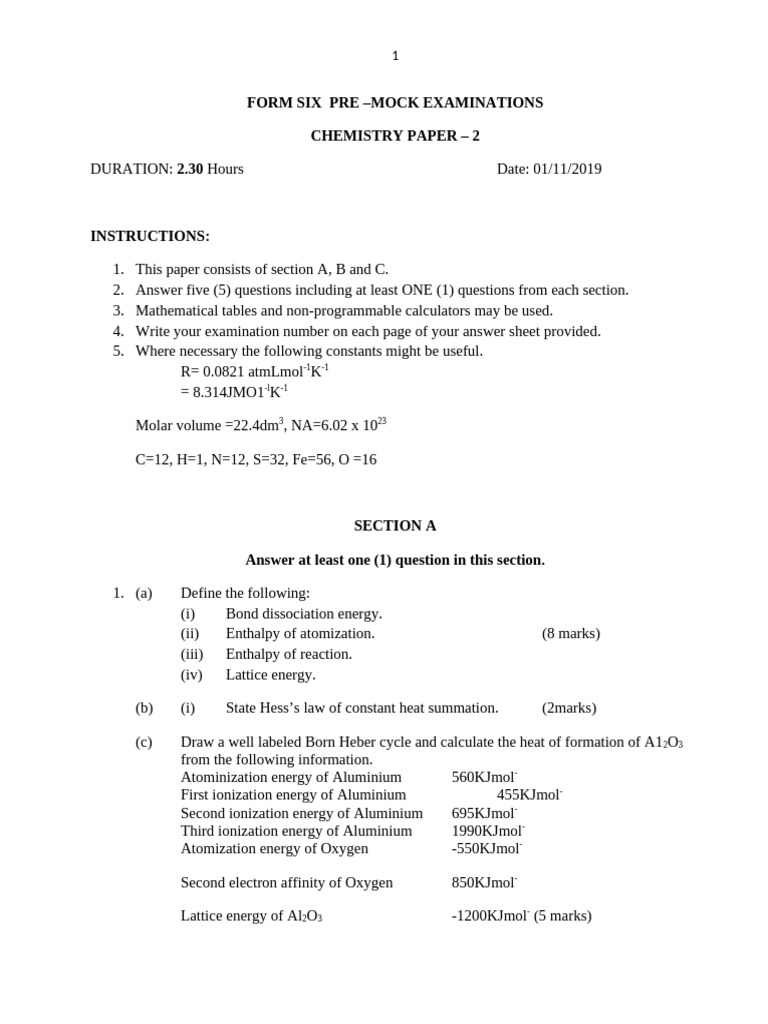 Form Six Chemistry Mock Examination Paper 2 2019 | PDF | Aluminium ...
