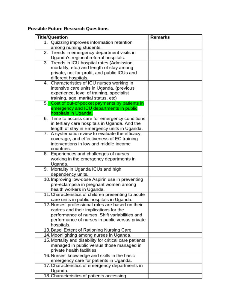 Possible Research Questions | PDF | Intensive Care Unit | Emergency ...