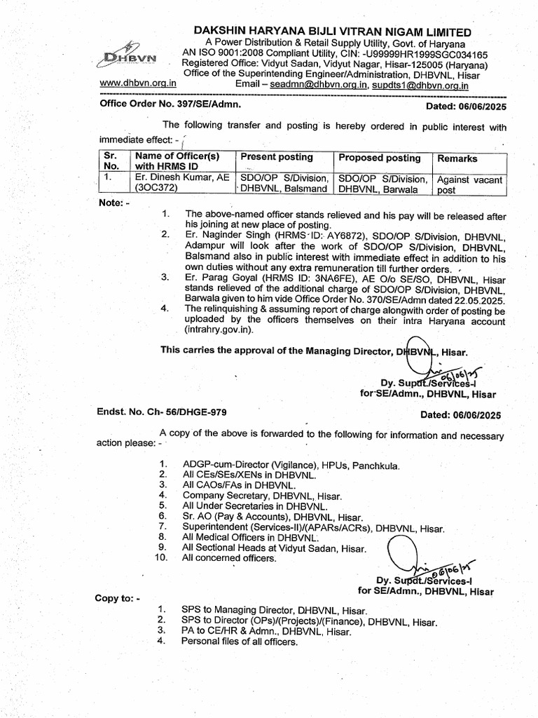 Transfer and Posting Order in Respect of Er. Dinesh Kumar, AE | PDF