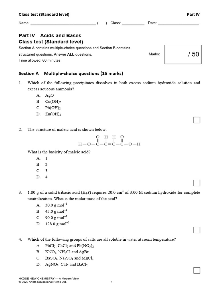Part IV Acids and Bases Class Test (Standard Level) : Section A ...
