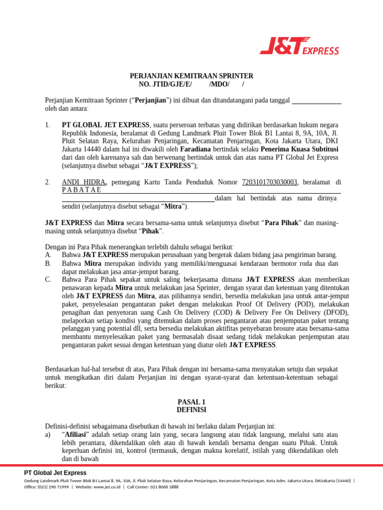 Draft Surat Perjanjian Kemitraan - Sprinter - Andi Hidra | PDF