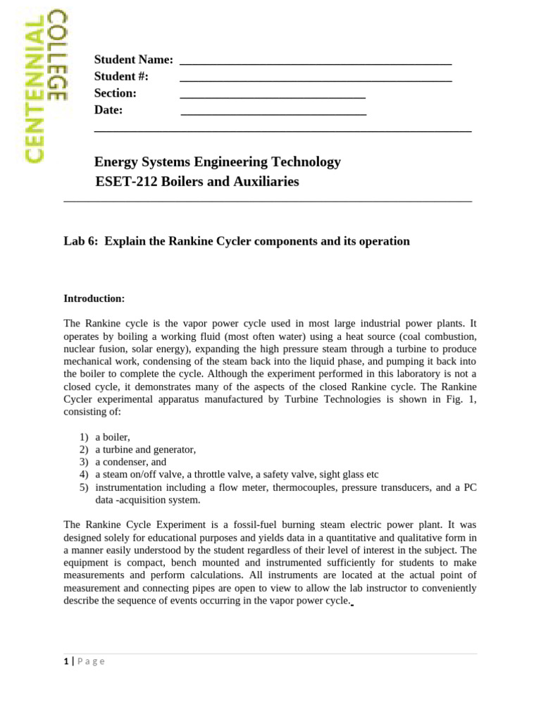 ESET 212 - Lab 6 Lab Sheet - Rankine Cycler | PDF | Boiler | Power ...