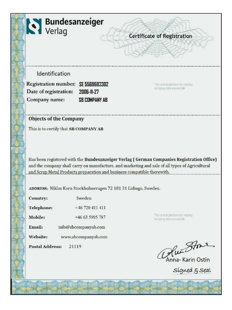 Company Certificate of Registration | PDF