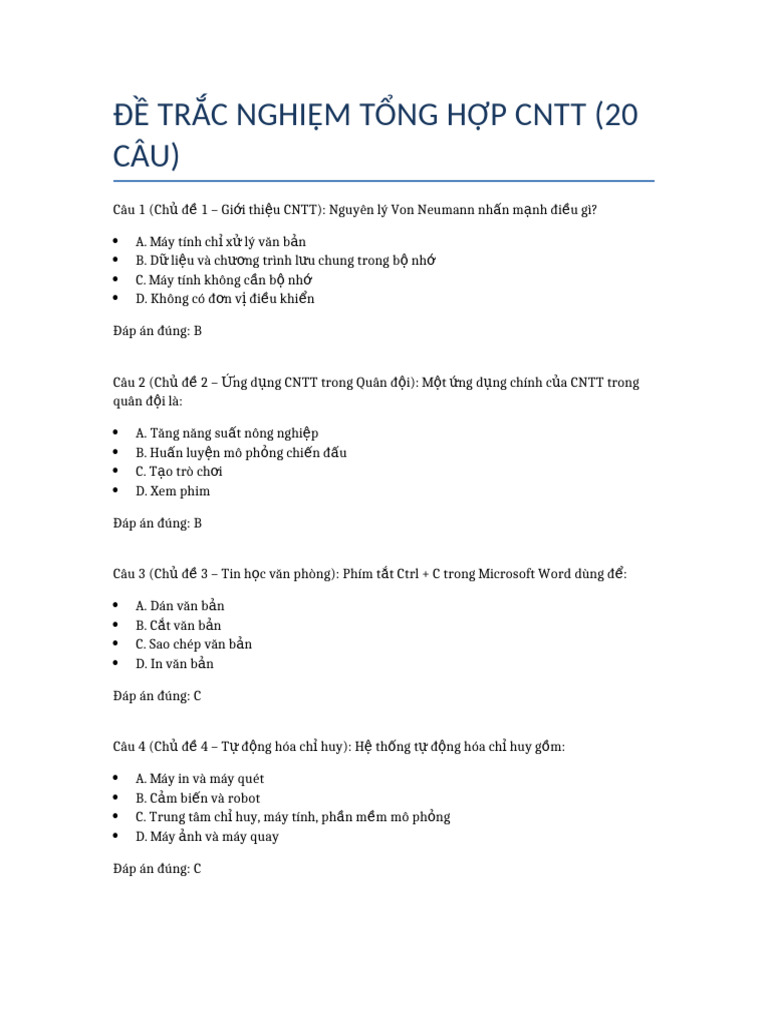 De 20 Cau Tong Hop CNTT | PDF