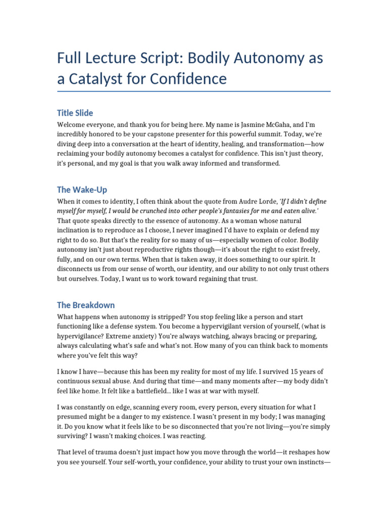 Bodily Autonomy Lecture Script Jasmine McGaha | PDF | Psychological Trauma | Gynaecology