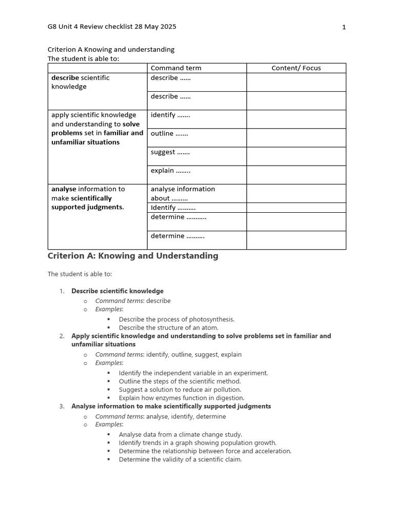 G8 Unit 4 Review Checklist 28 May 2025 | PDF | Science | Natural ...