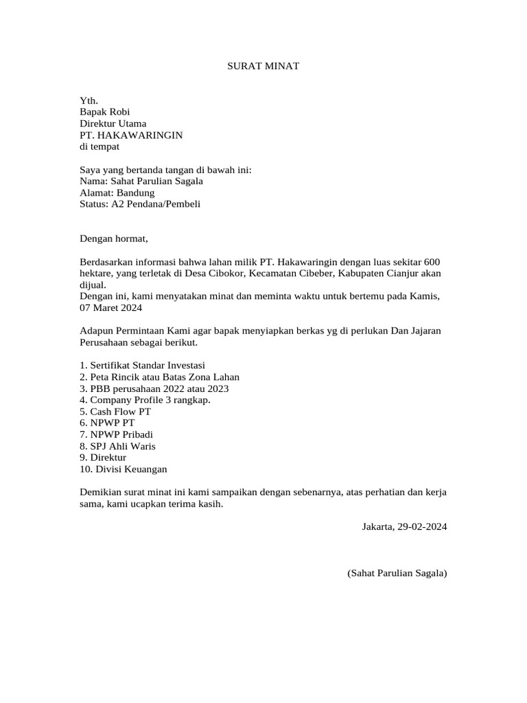 Surat Minat Pembelian Tanah PT. Hakawaringin | PDF