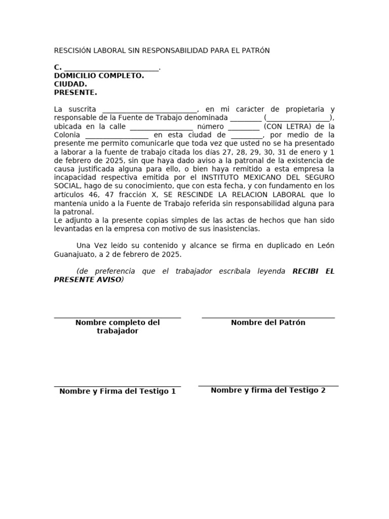 Rescisión Laboral Sin Responsabilidad | PDF