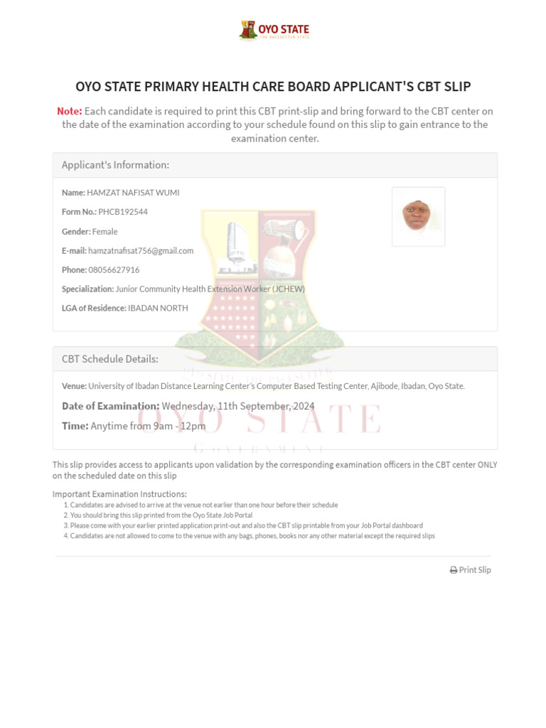 Applicant's CBT Slip - Oyo State Job Portal | PDF