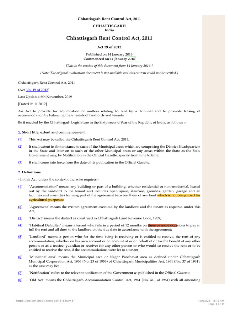Chhattisgarh Rent Control Act, 2011 | PDF | Leasehold Estate | Lease